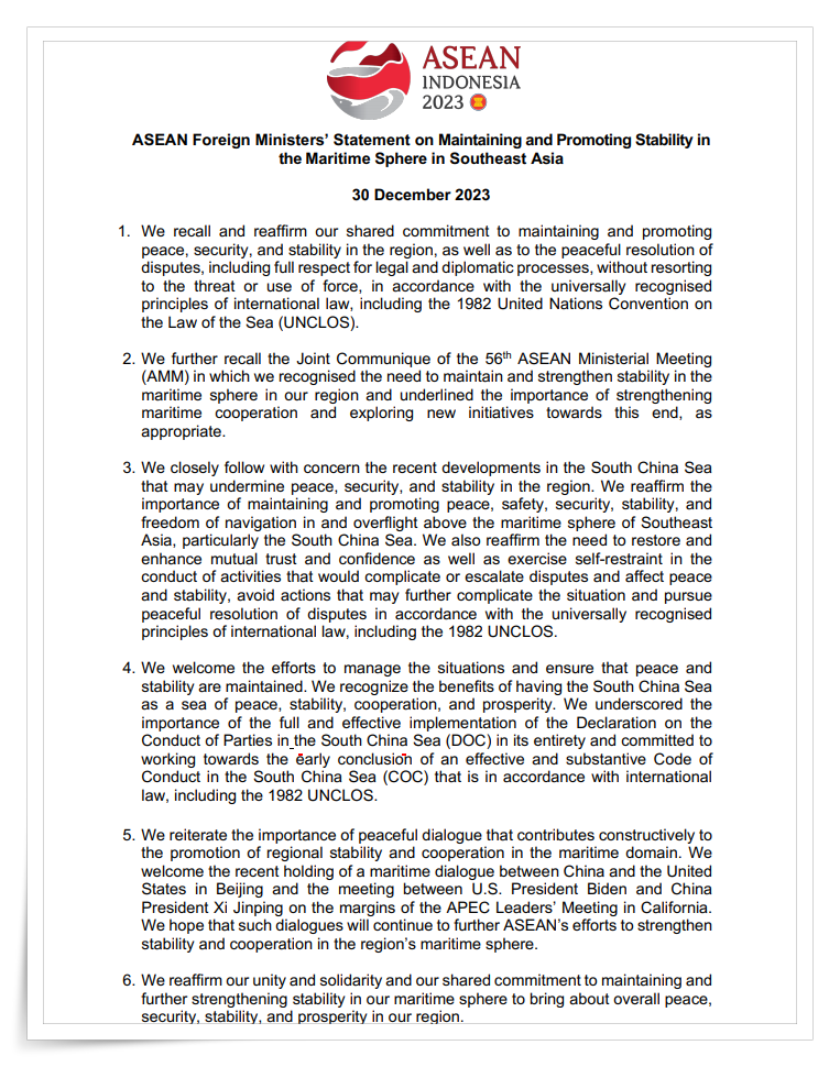 ASEAN Foreign Ministers’ Statement on Maintaining and Promoting Stability in the Maritime Sphere ...